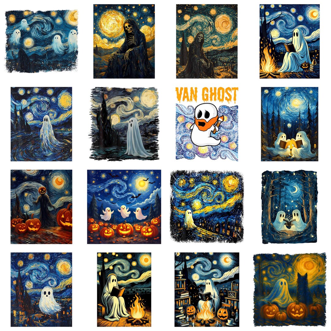 Cute Ghost Starry Night PNG, Funny Halloween Spooky Retro Van Gogh ...
