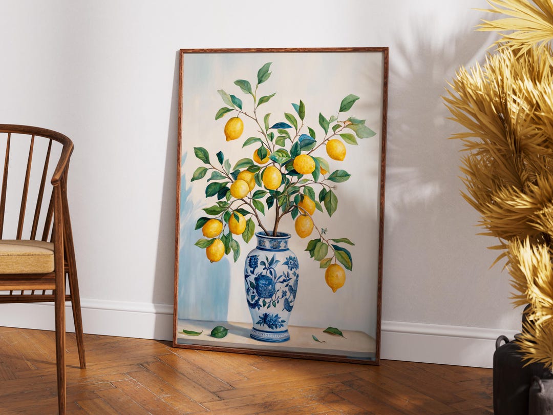 Lemon Tree Wall Art, Mediterranean Still Life Print, Blue Vase Citrus ...