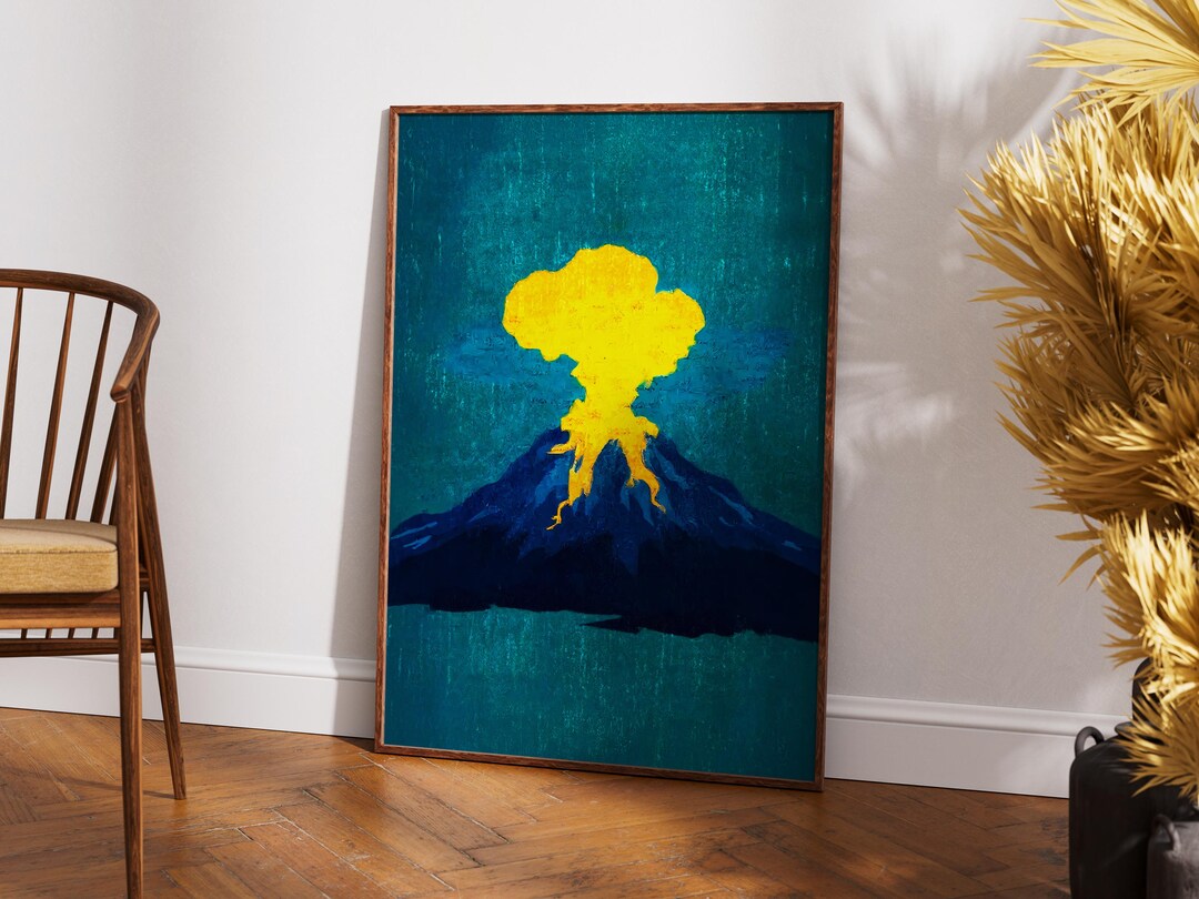 Volcano Art Print Abstract Landscape Poster Golden Eruption Digital ...