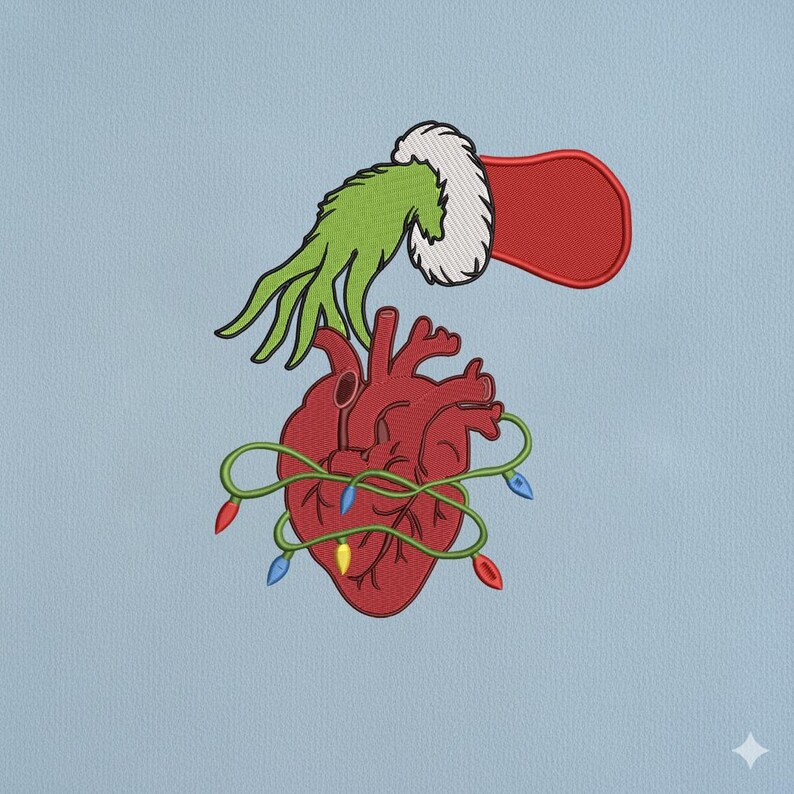 Christmas Heart Anatomy Embroidery Design – Grinch Hand Holiday Lights ...