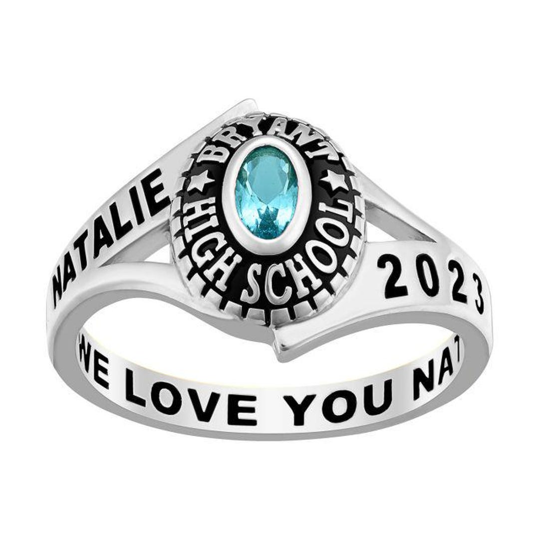 Custom Sterling Silver High School Class Ring: Oval Blue Birthstone ...