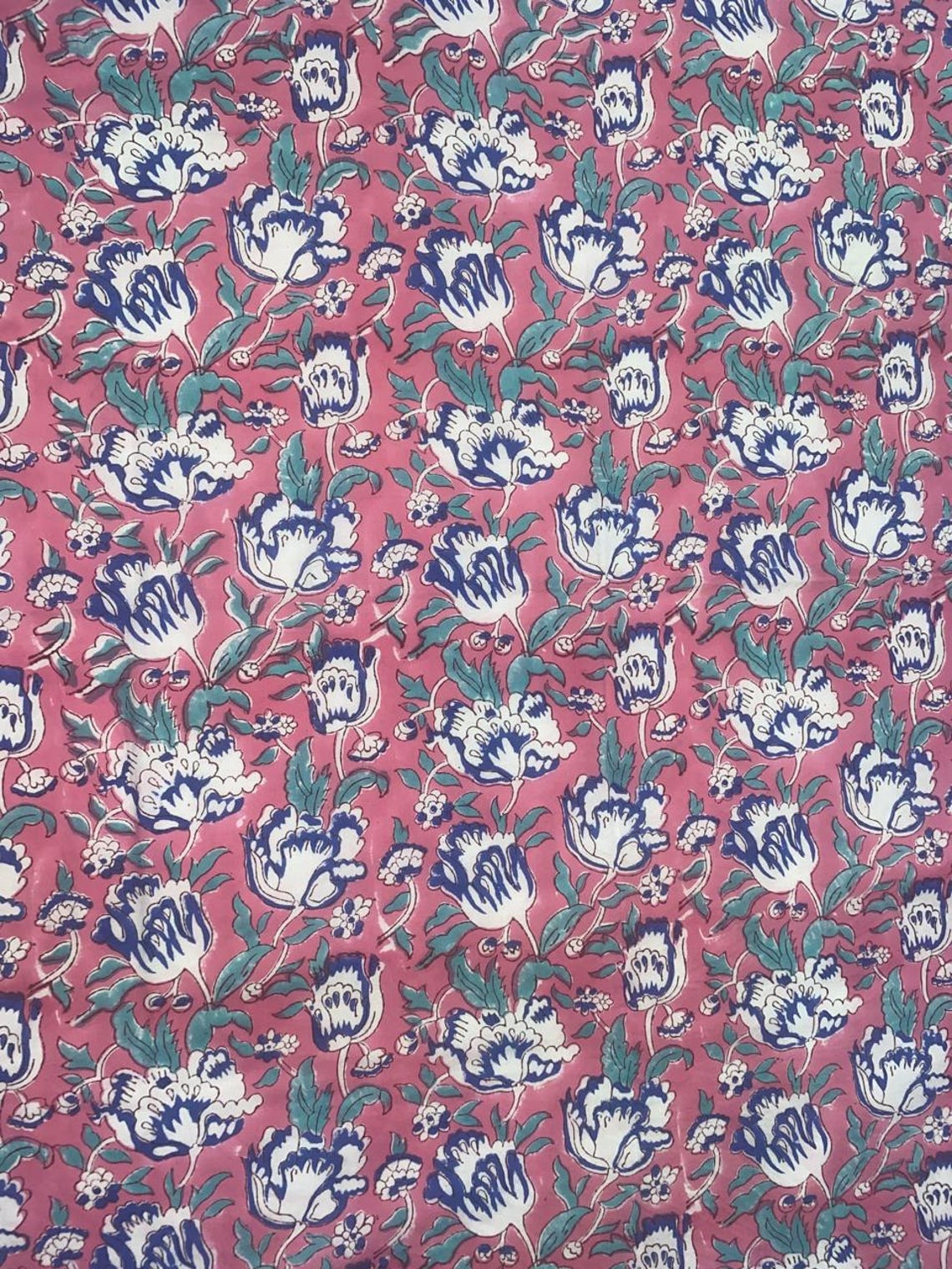 Pink Floral Hand Block Print Cotton Fabric by Yard – White & Blue ...