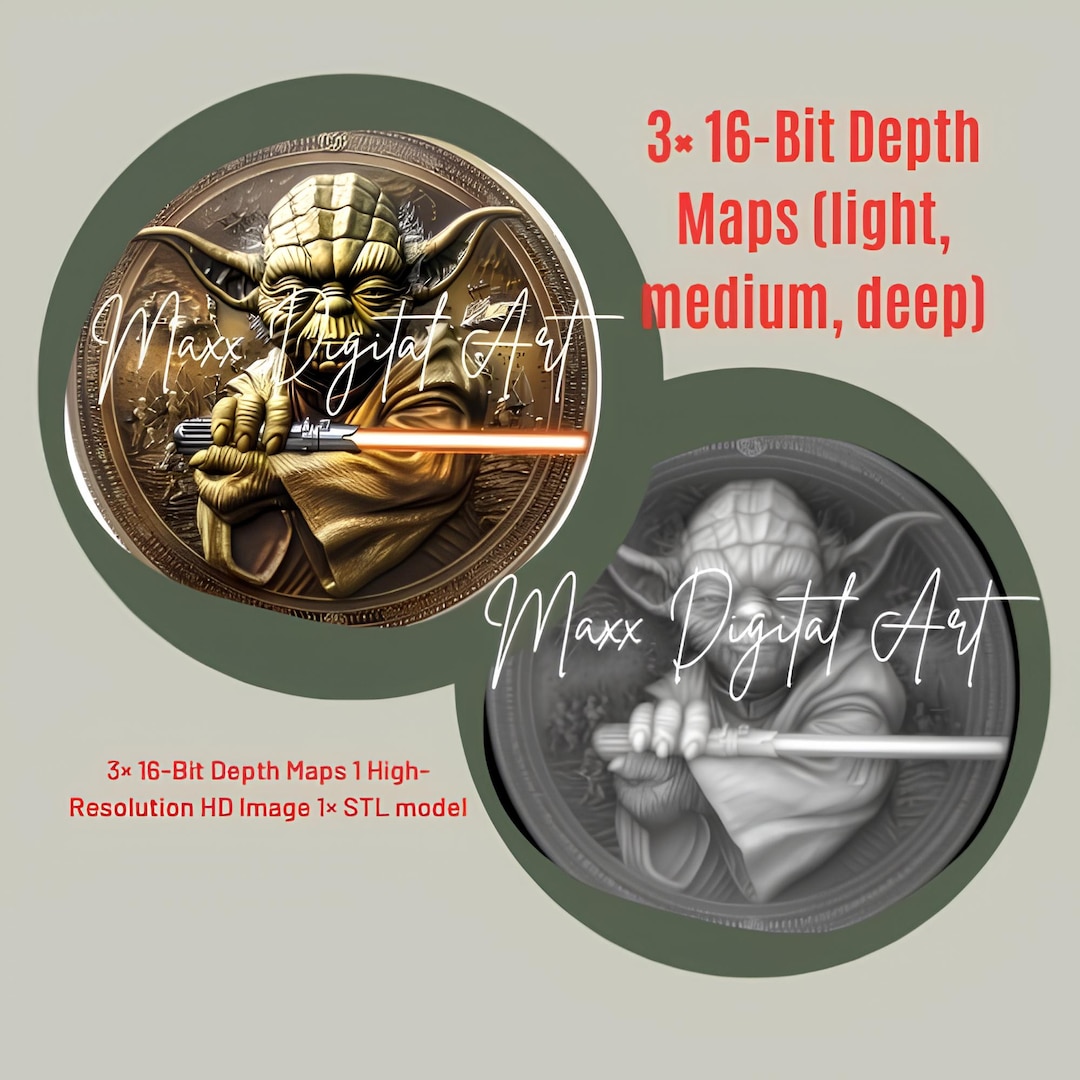 Master Yoda Coin Depth Map Bundle (16-bit) — 3 Variations + 1 STL + 1 ...