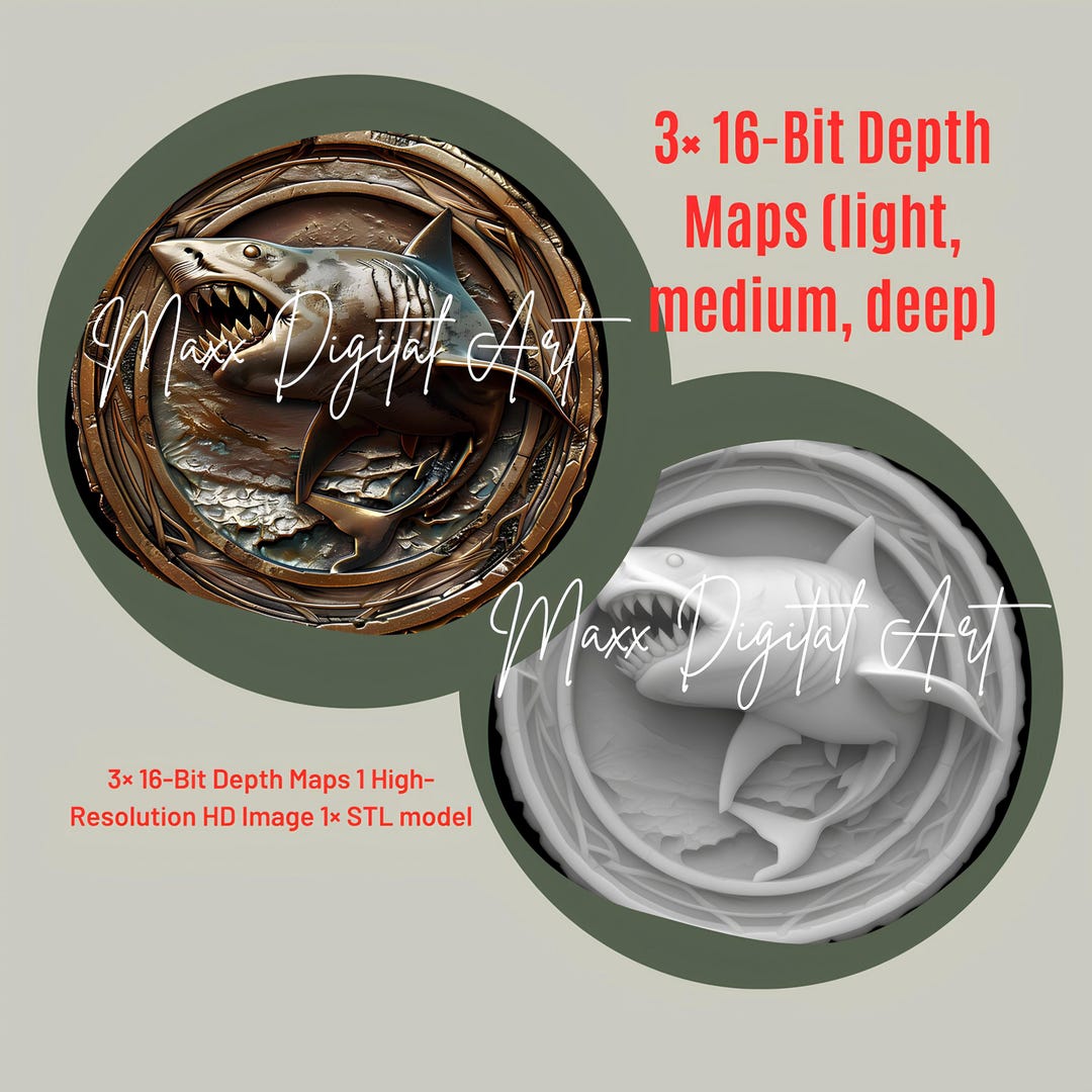 Shark Coin Depth Map: 3D STL File for CNC & Laser Engraving (digital ...