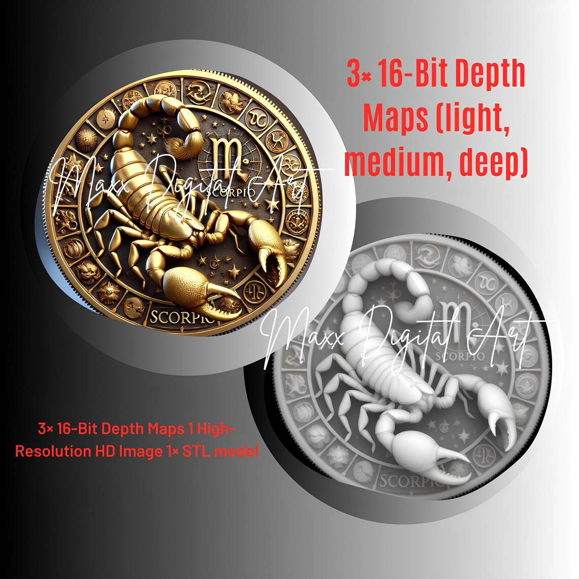 Scorpio Zodiac Coin 3D Relief Depth Map | Laser/cnc Engraving (digital ...
