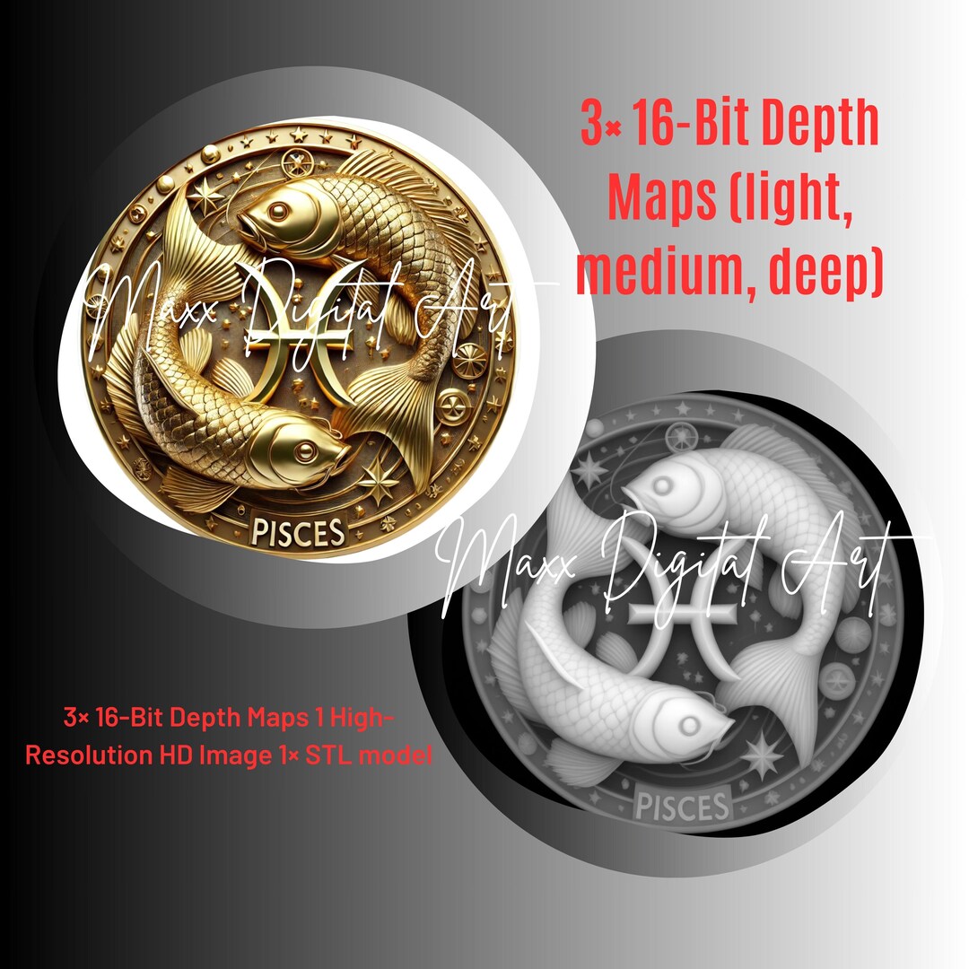 Pisces Zodiac Coin Depth Map | 3D Relief STL (digital Download) - Etsy