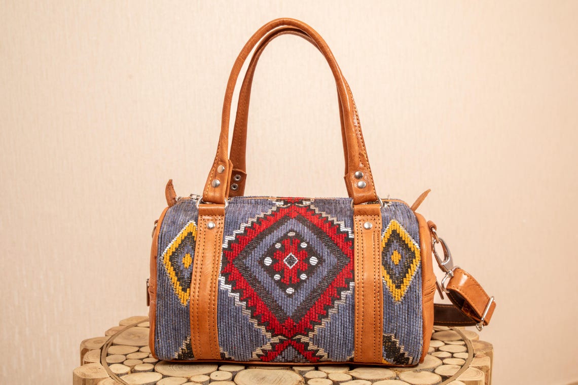 Moroccan Leather & Kilim Crossbody Bag – Handmade Boho Purse, Authentic ...