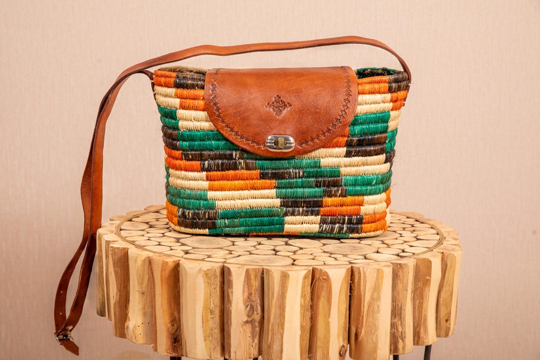 Raffia Bag – Moroccan Handmade Shoulder Bag With Leather Flap, Boho ...