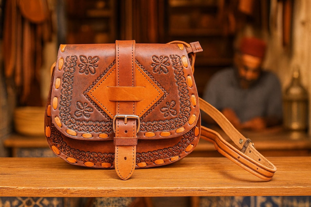 Moroccan Embossed Leather Crossbody Bag – Handmade Boho Purse, Vintage ...