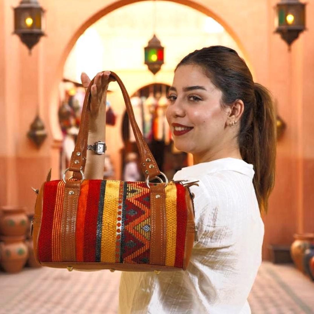 Moroccan Kilim & Goat Leather Handbag – Handmade Boho Shoulder Bag ...