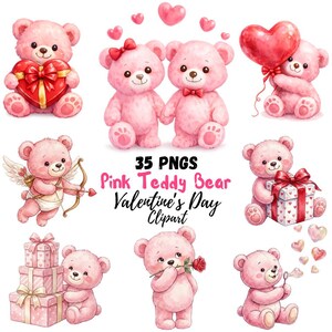Watercolor Pink Teddy Bear Clipart: Valentine's Day PNG Set (digital ...