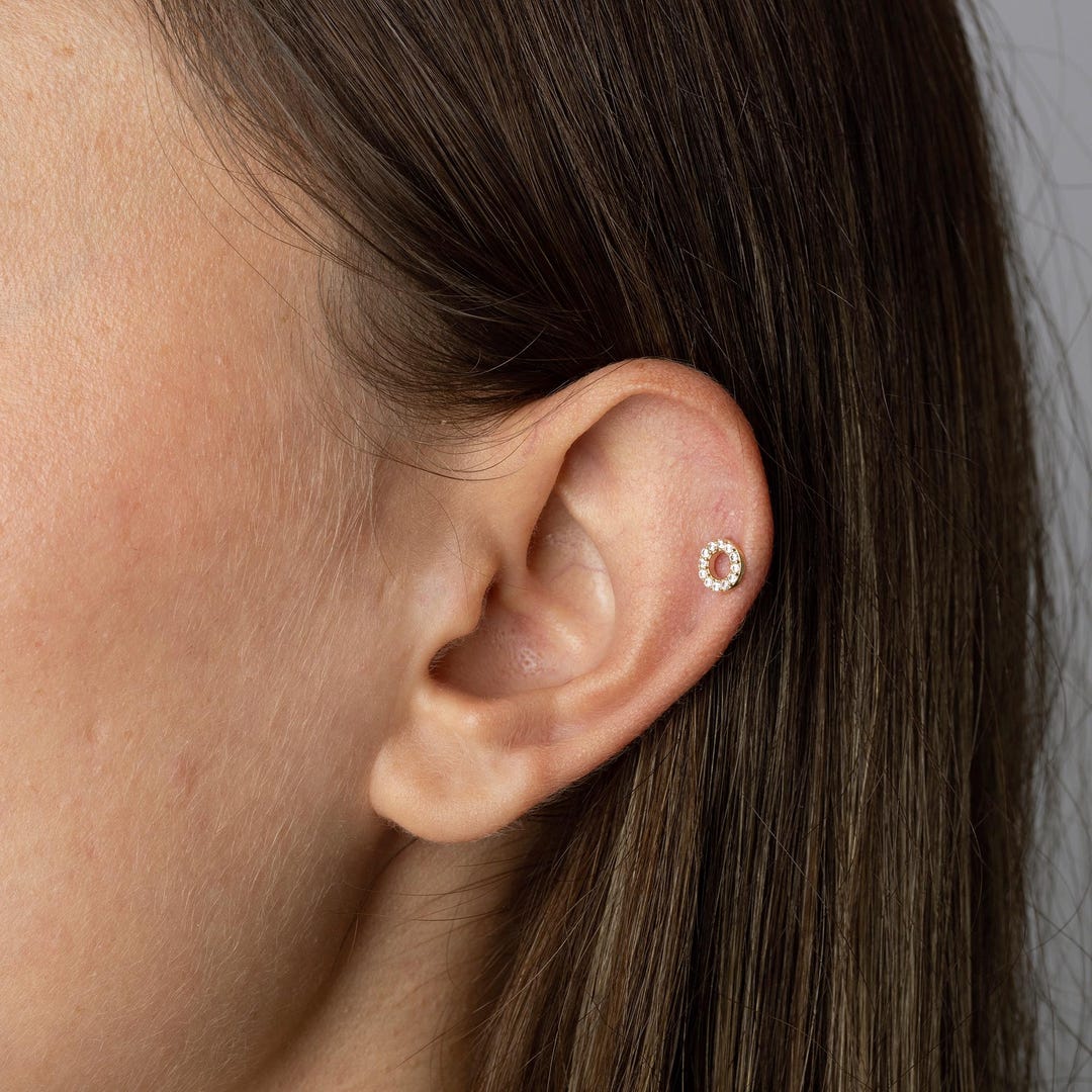 14K Solid Gold Circle Piercing With CZ Stones, Dainty Halo Cartilage ...