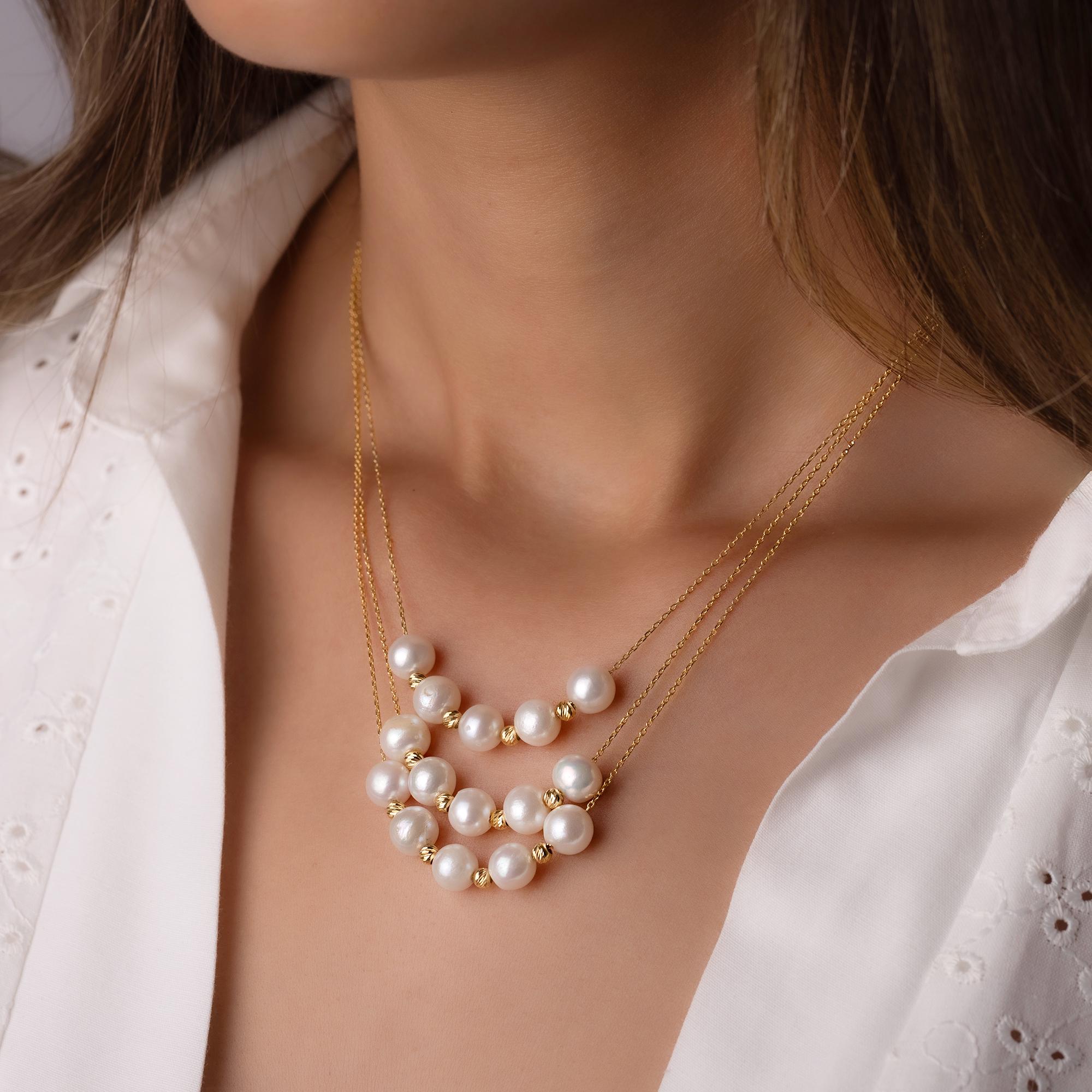14K Solid Gold Pearl Necklace for Women, Dainty Multi Pearl Jewelry ...