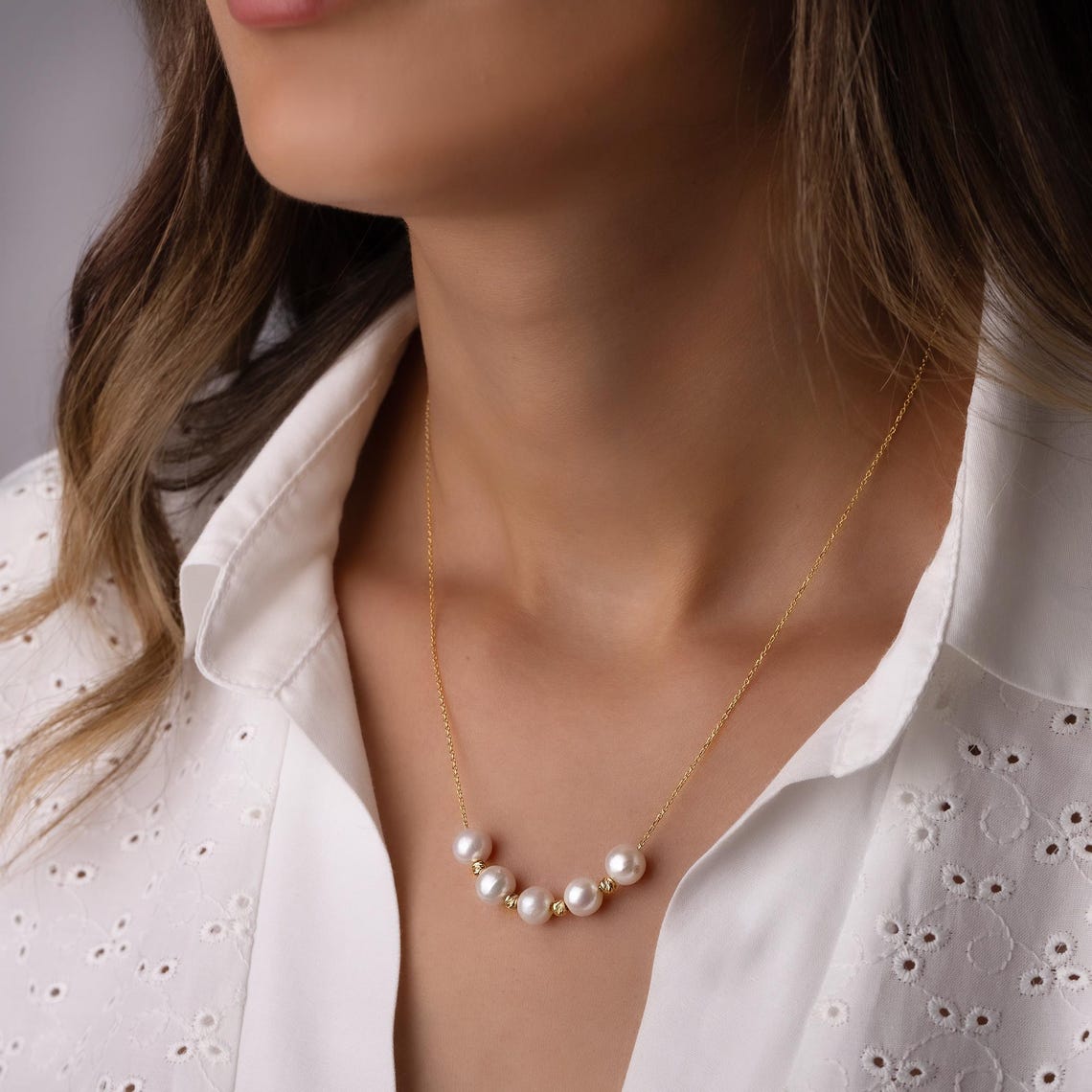 14K Solid Gold Pearl Necklace for Women, Dainty Multi Pearl Jewelry ...
