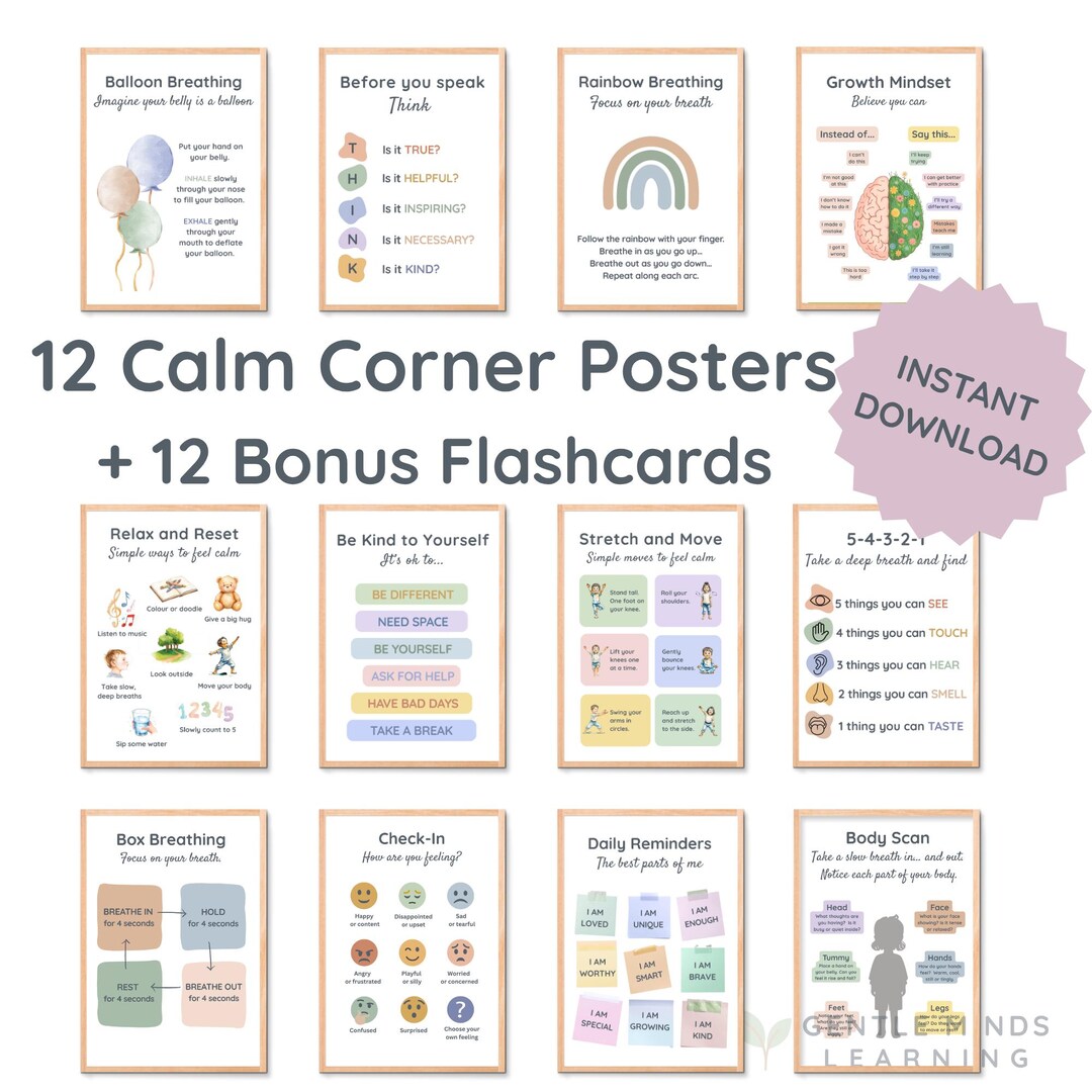 Calm Corner Poster and Flashcard Set, Mindfulness Printables (digital ...