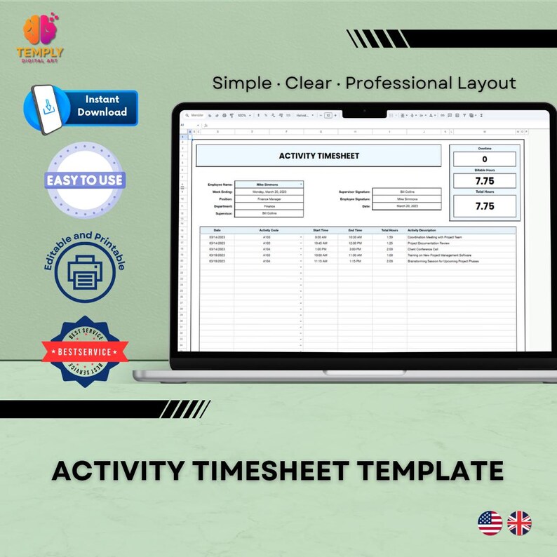Editable Activity Timesheet Template – Digital Time Tracker for Google ...