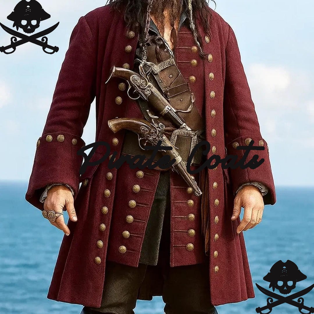 Captain Jack Sparrow Costume: Maroon Wool Pirate Coat Buccaneer Outfit ...