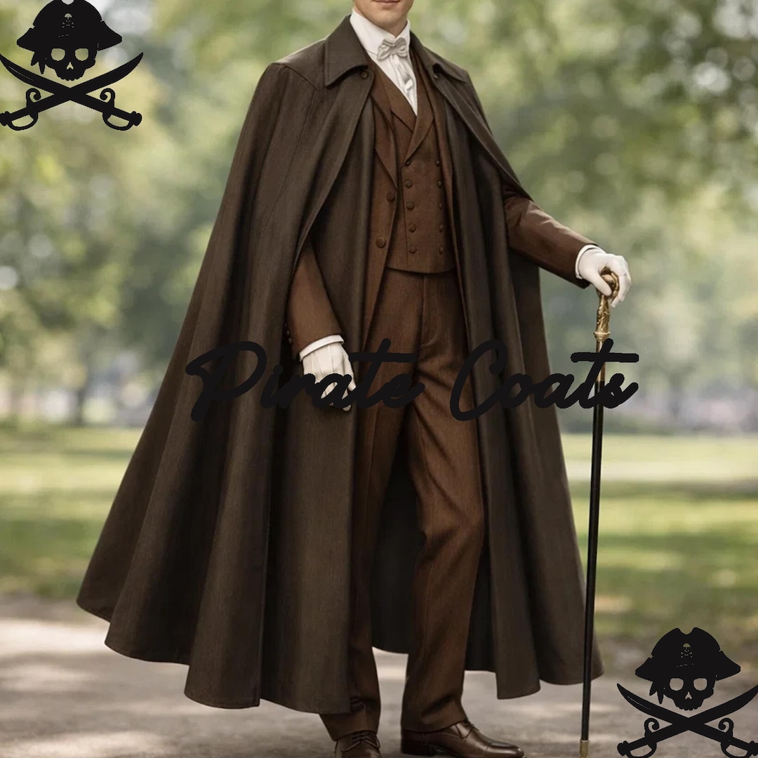 Victorian Gentleman Brown Wool Cloak: 19th Century Steampunk Long Cape ...