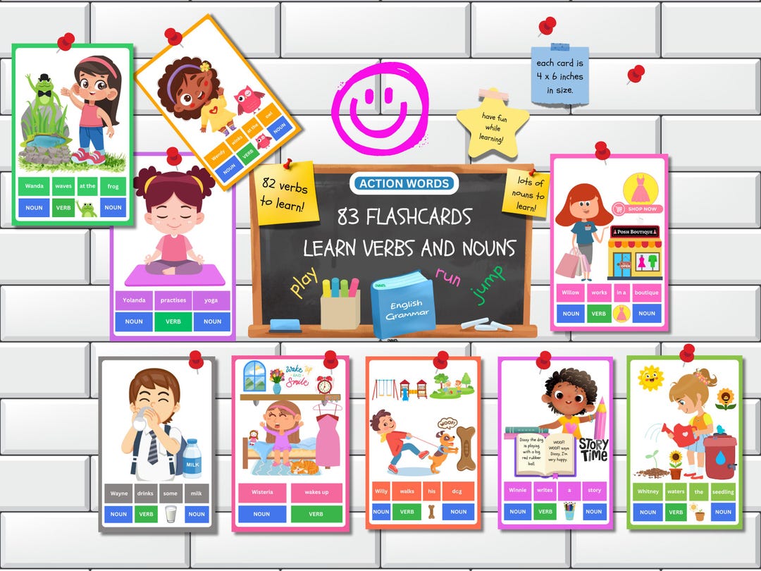83 Learn Verbs and Nouns Kids Flashcards, Action Words, English ...