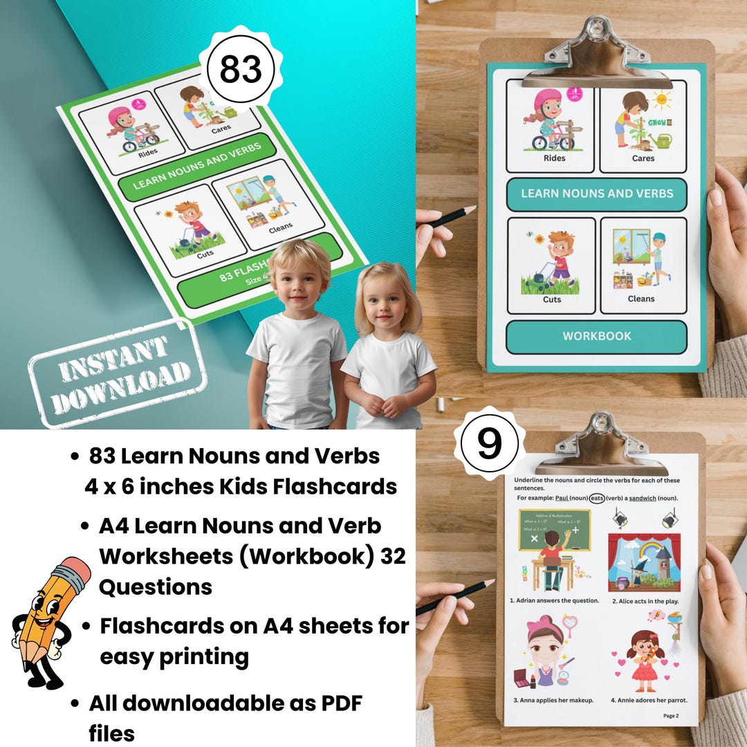 Nouns and Verbs Flashcards for Kids - Action Words ESL Grammar ...