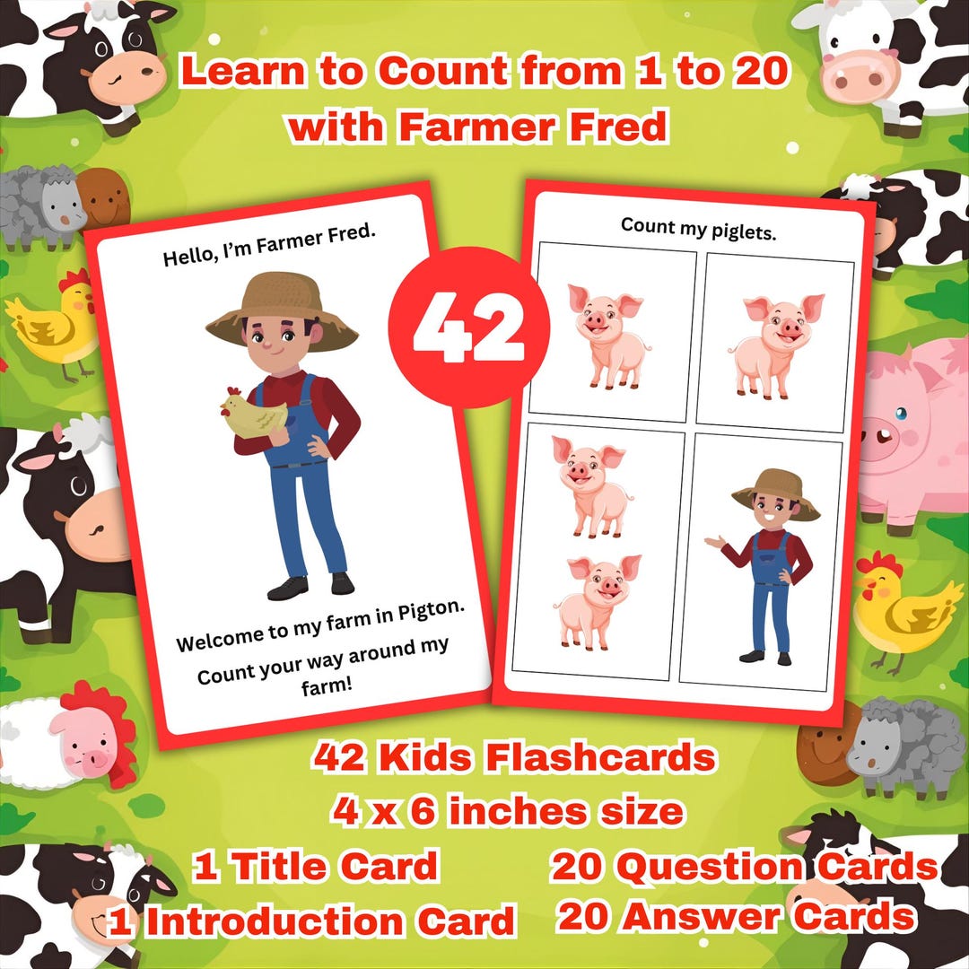 Farmer Fred Counting Kids Flashcards Printable Learn Numbers 1 to 20 ...