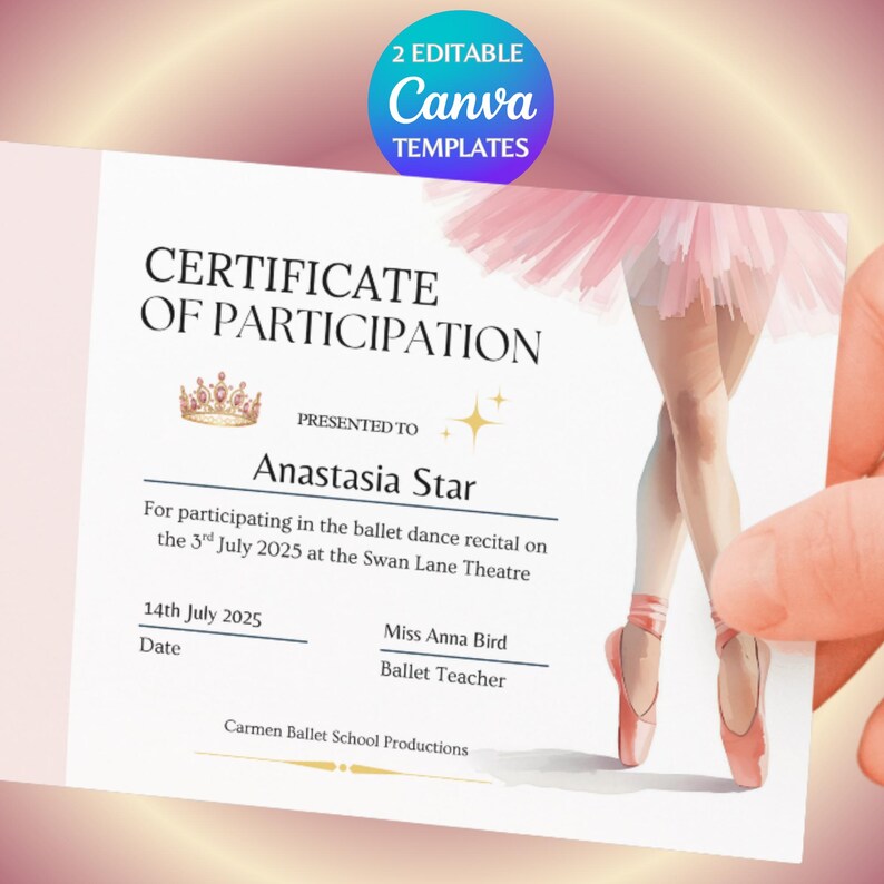 Ballet Certificate Templates, Editable Canva Dance Participation Award ...
