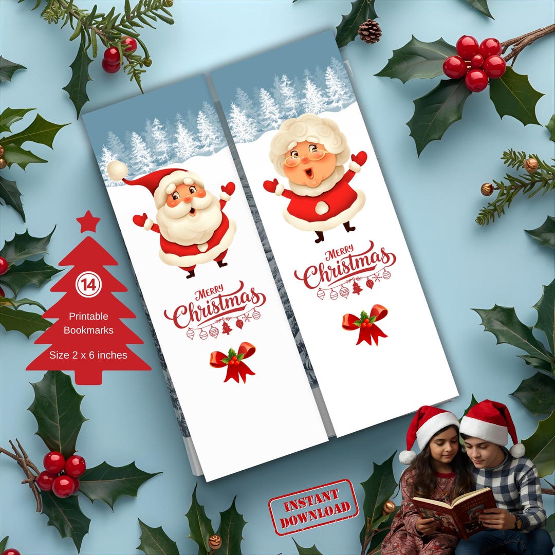 14 Santa and His Friends Kids Bookmarks, Digital Christmas Gift Page ...