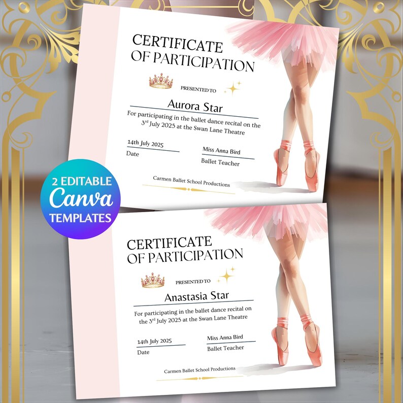 Ballet Certificate Templates, Editable Canva Dance Participation Award ...