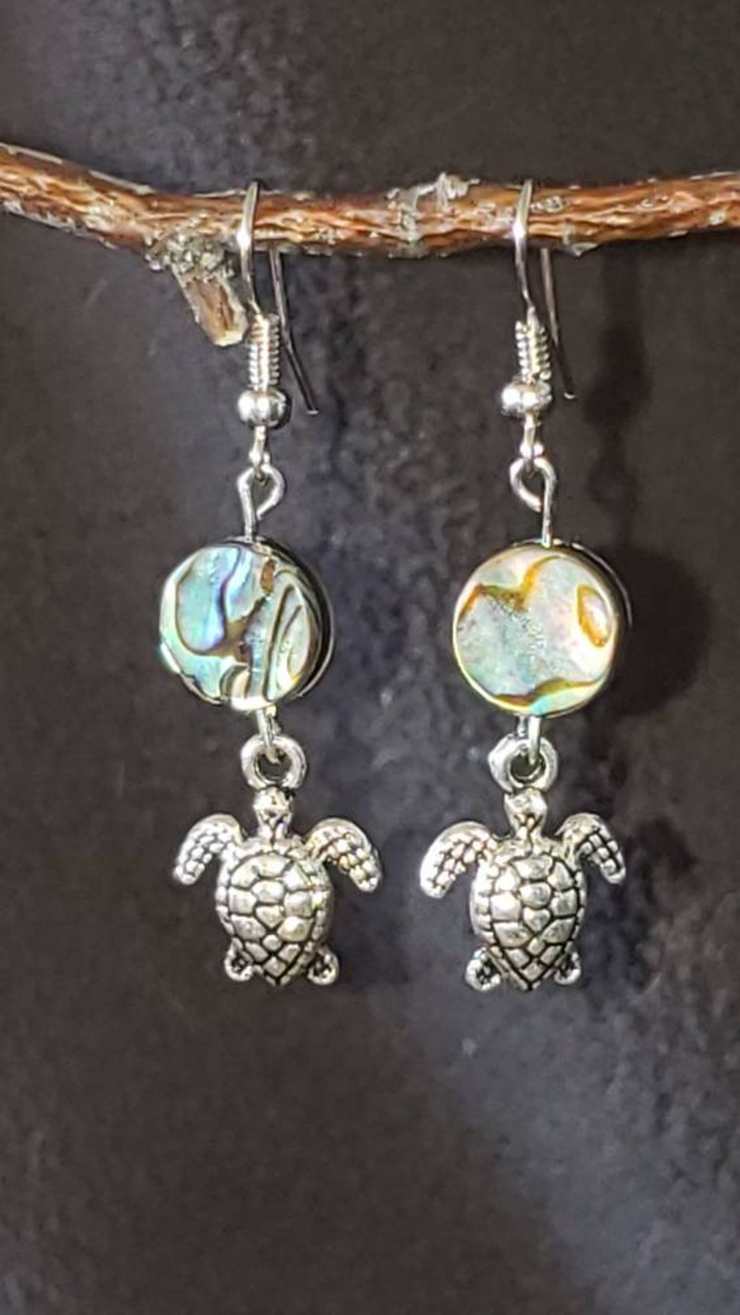 Sea Turtle Charm With Abalone Coin Bead With Silver Ear Wires - Etsy