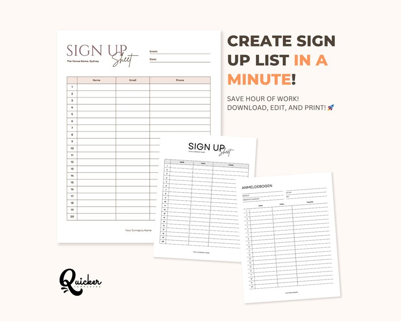 Editable Sign up Sheet Template: Minimalist Event Form (canva Template ...