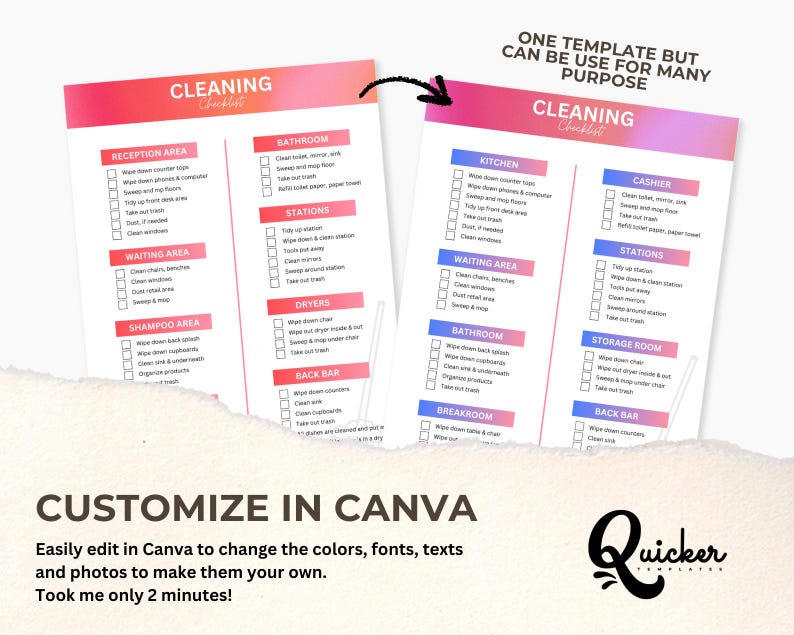 Salon Cleaning Checklist Editable Canva Template, Cleaning Checklist ...