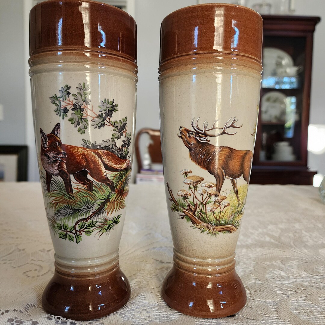 Pair West German Ceramic Vases – Fox & Stag Hunting Scene, 1960s–70s ...