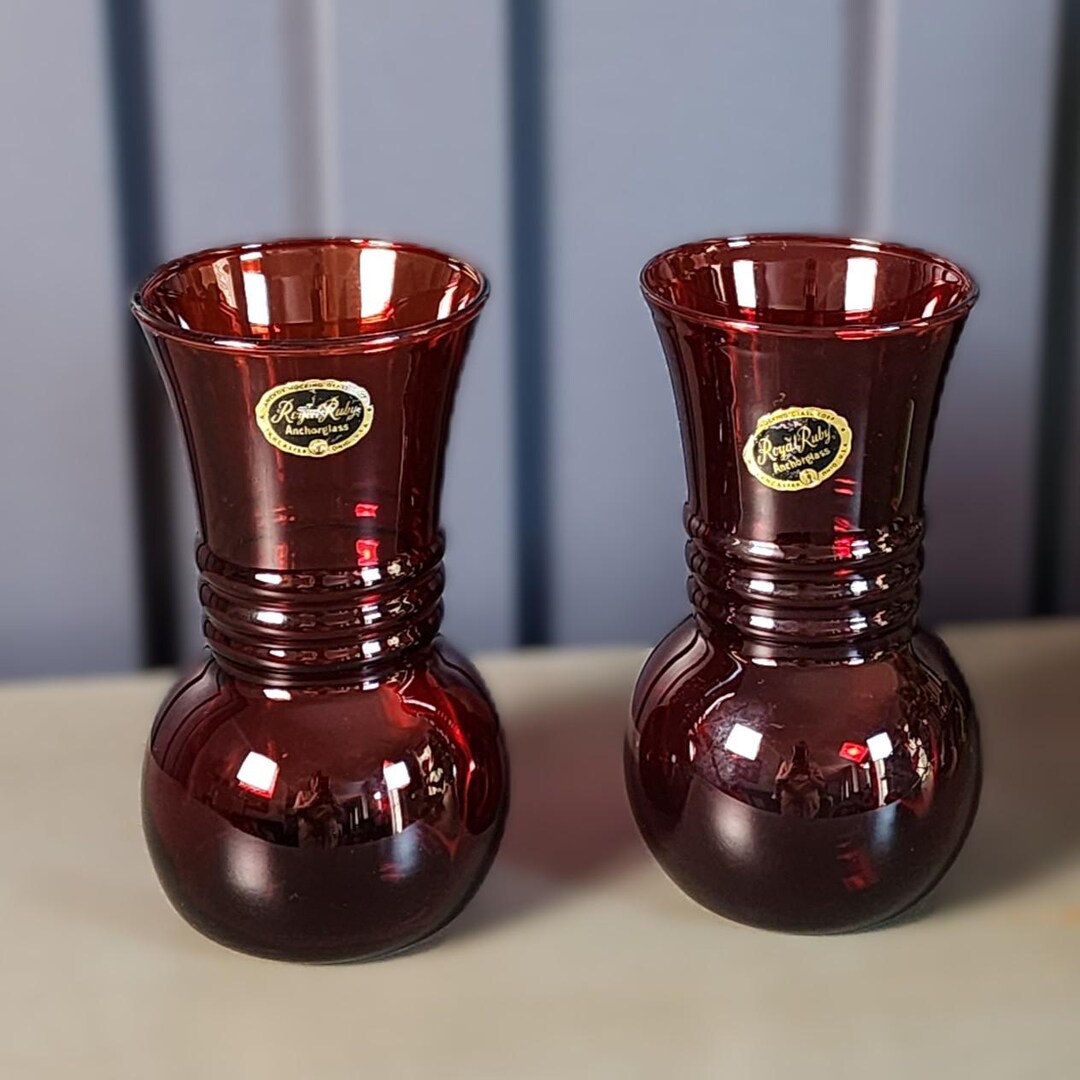 Vintage 1950s Royal Ruby Glass Vases by Anchor Hocking – Pair – MCM ...