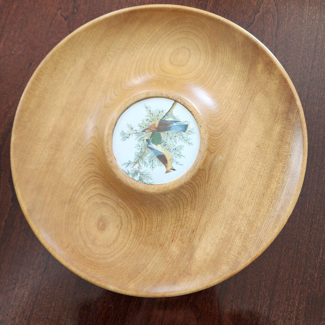 Mid Century Modern Wooden Platter With Bird Inlay | 9.5” Raised Edge ...