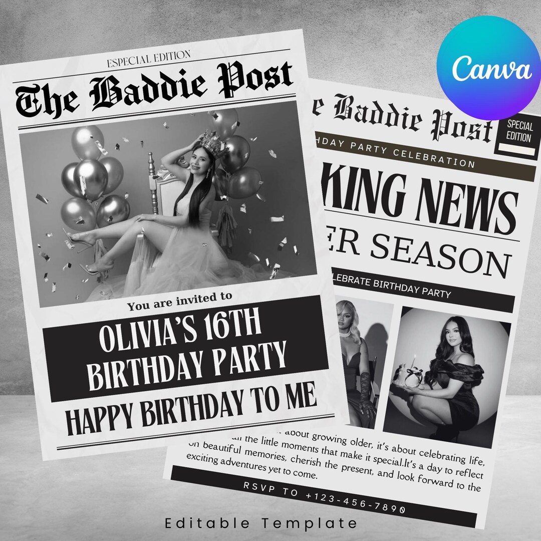Editable Birthday Newspaper Invitation Template: Canva DIY Party Invite ...