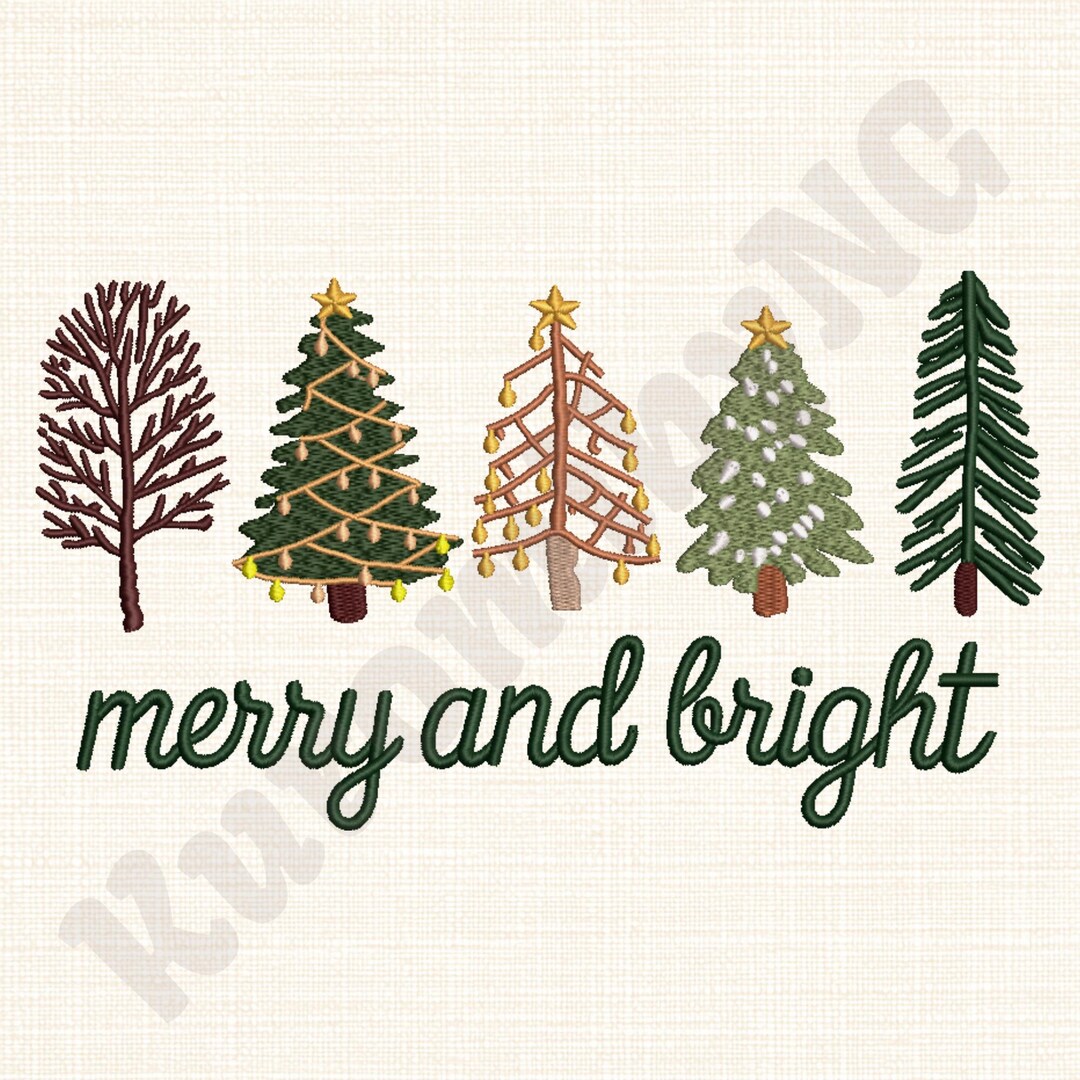 Merry and Bright Trees Embroidery Design, Christmas Tree Pattern ...