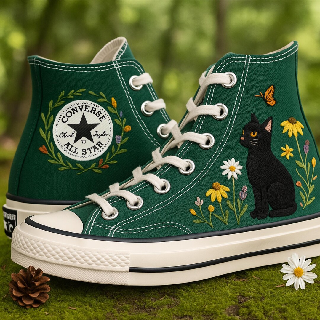 Hand Embroidered Black Cat Converse: Forest Botanical High Top Sneakers ...