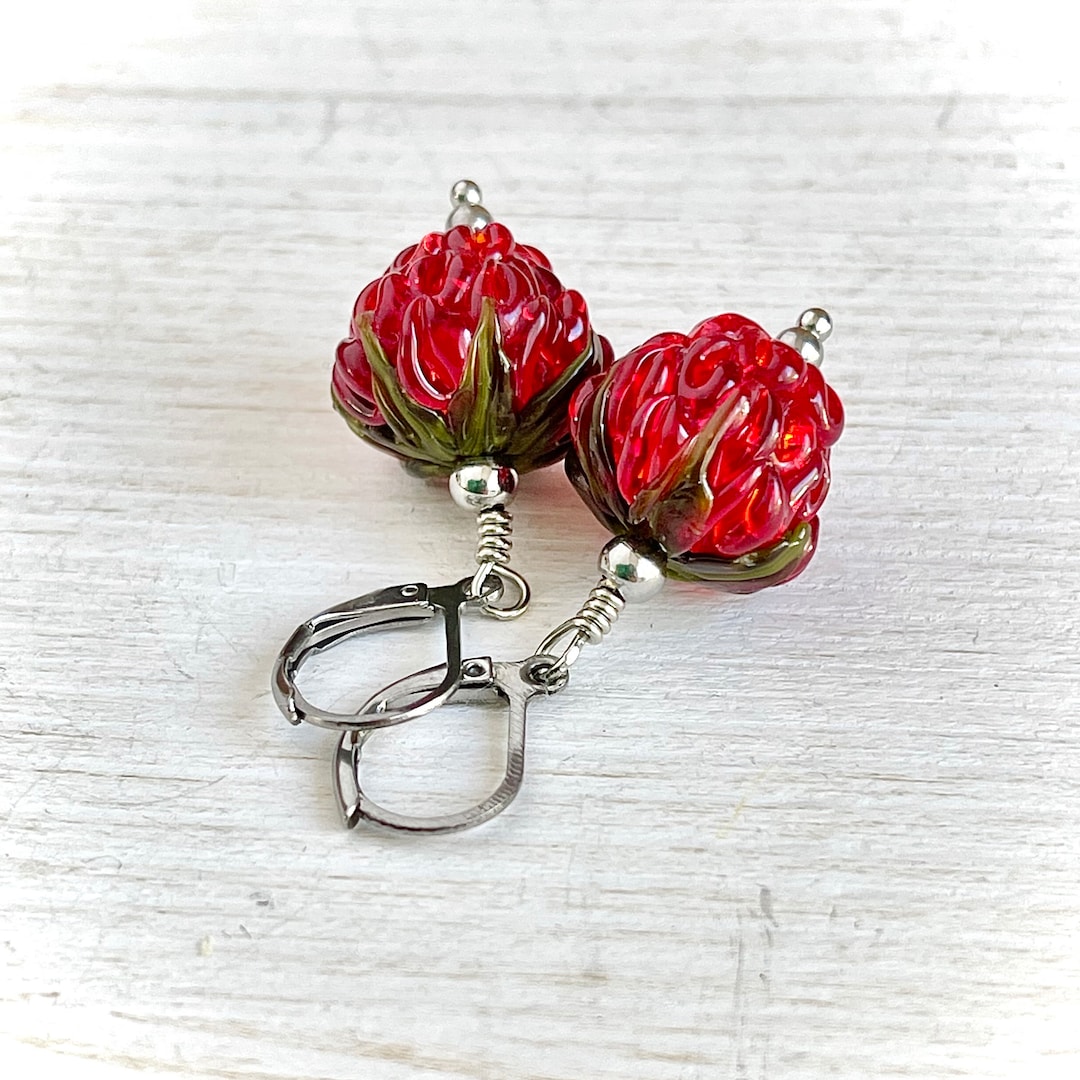 Red Raspberry Lampwork Glass Earrings, Murano Handmade Berries Fruit ...