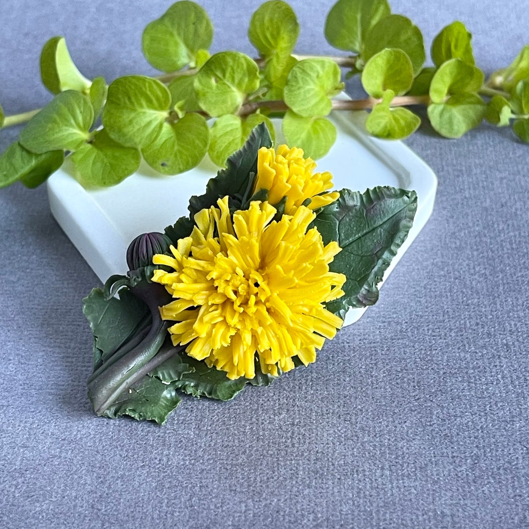 Dandelion Brooch, Yellow Dandelion Flower, Handmade Polymer Clay Brooch ...