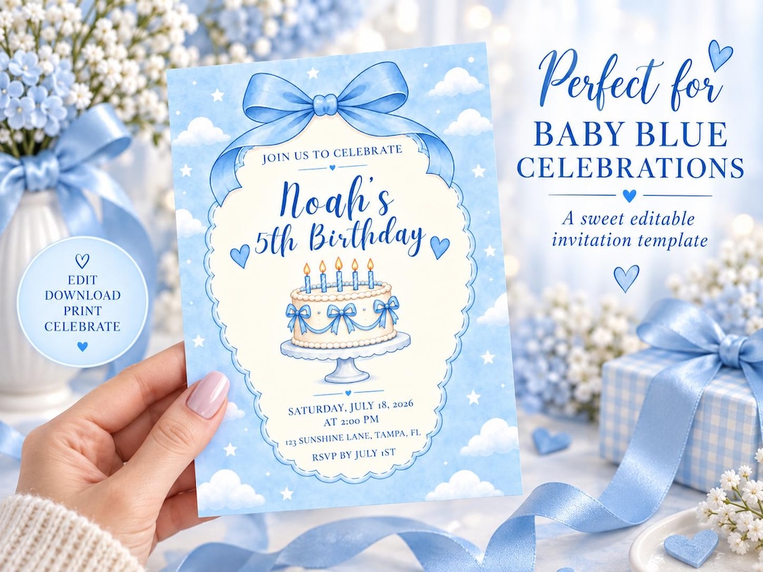 Blue Bow Birthday Invitation, Boys Birthday Cake Canva Template ...