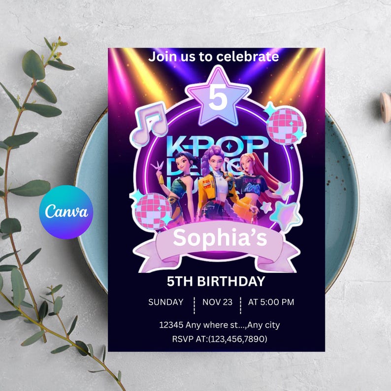 KPOP Demon Hunter Birthday Invitation, Editable Digital Template KPOP ...