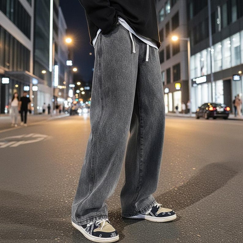 Men's Wide Leg Denim Jeans: Relaxed Fit, Adjustable Waist - Etsy