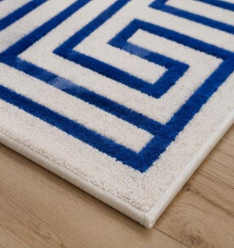 Navy Blue Ivory Geometric Area Rug, Greek Key Maze Pattern, Modern ...