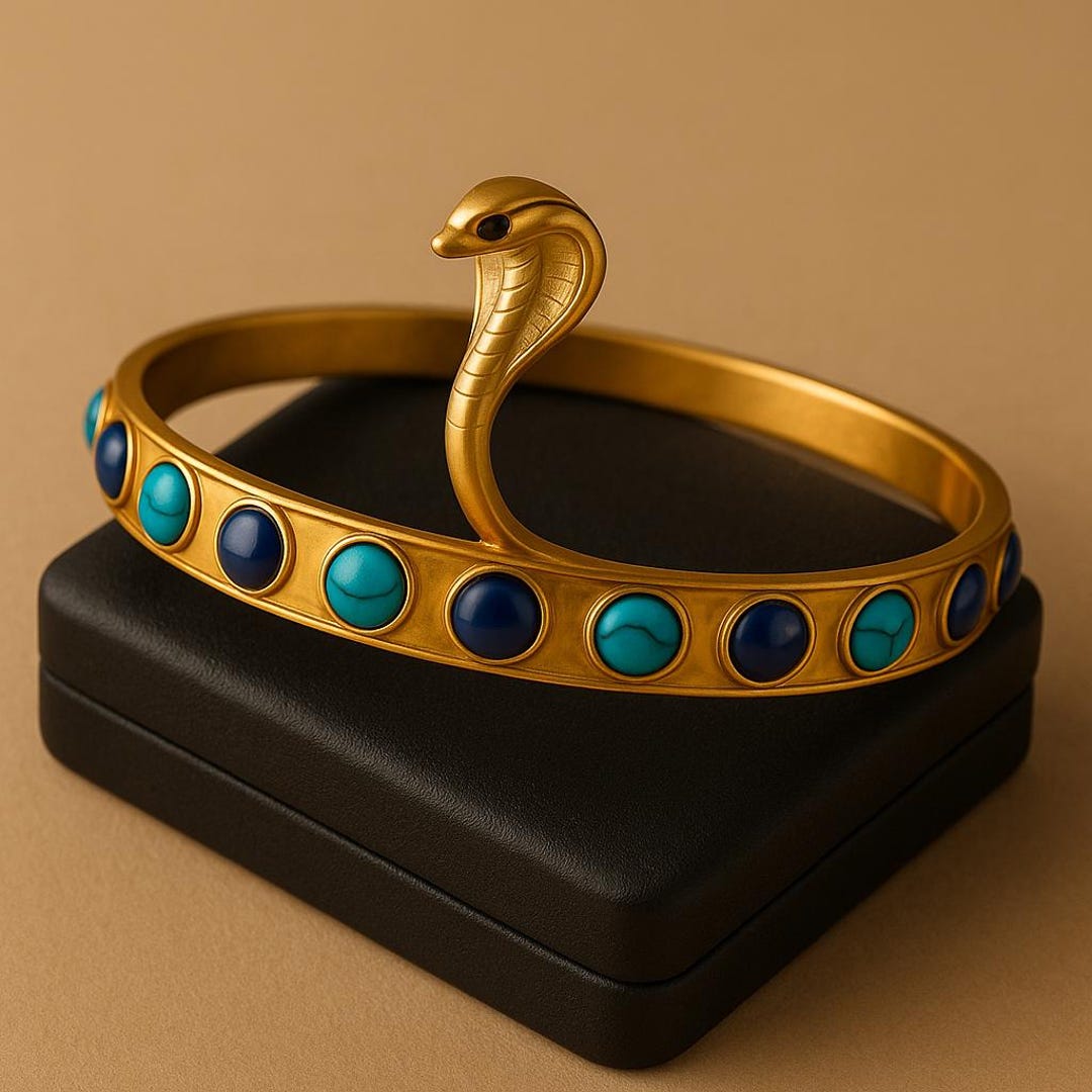 Gold Cobra Bangle: Turquoise & Lapis Cabochons - Egyptian Goddess Cuff ...