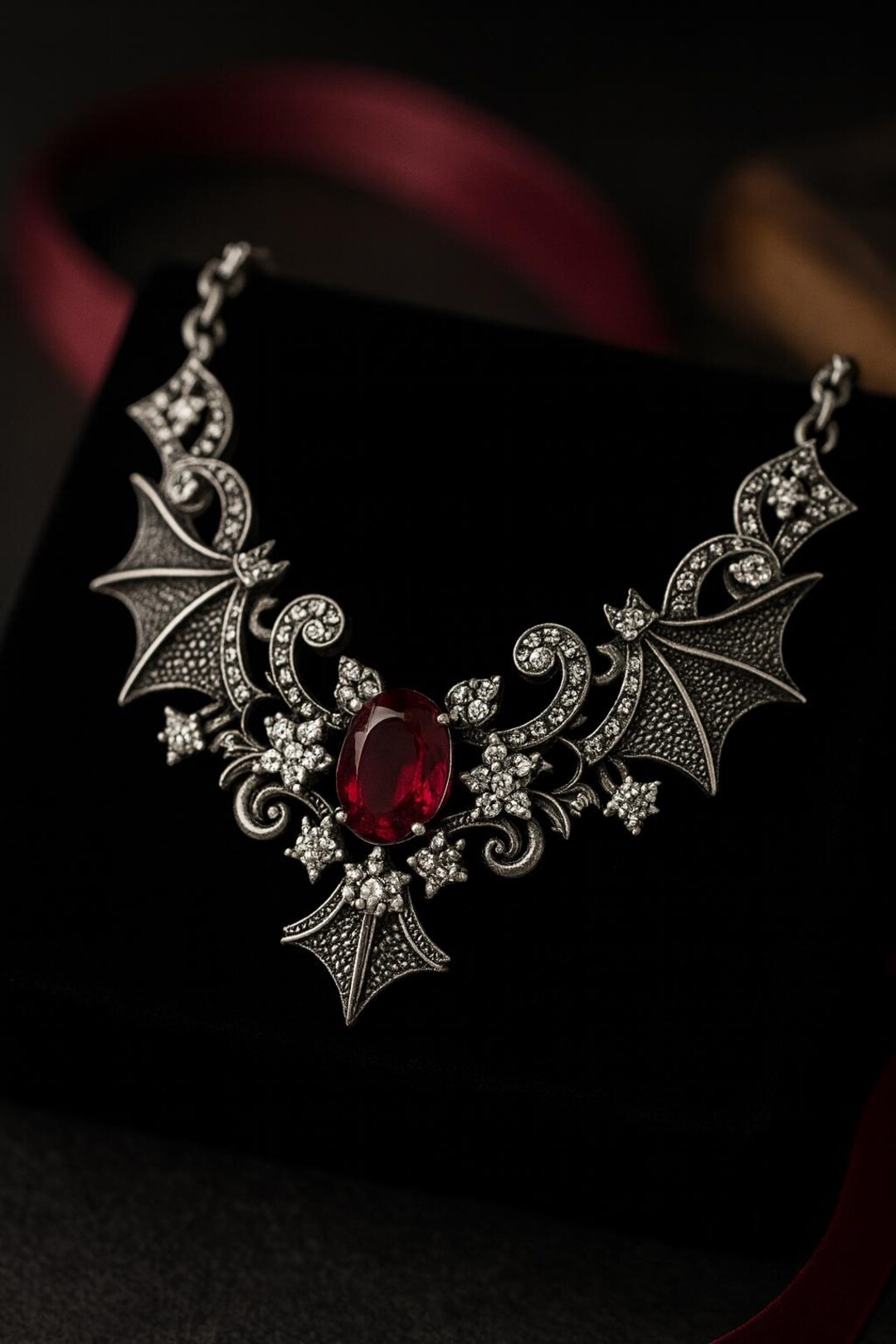 Sterling Silver Gothic Bat Filigree Necklace – Red Oval Gem, Victorian ...