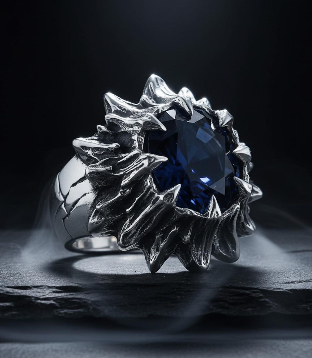 Sterling Silver Inferno Ring – Deep Blue CZ Stone, Frozen Crown - Etsy
