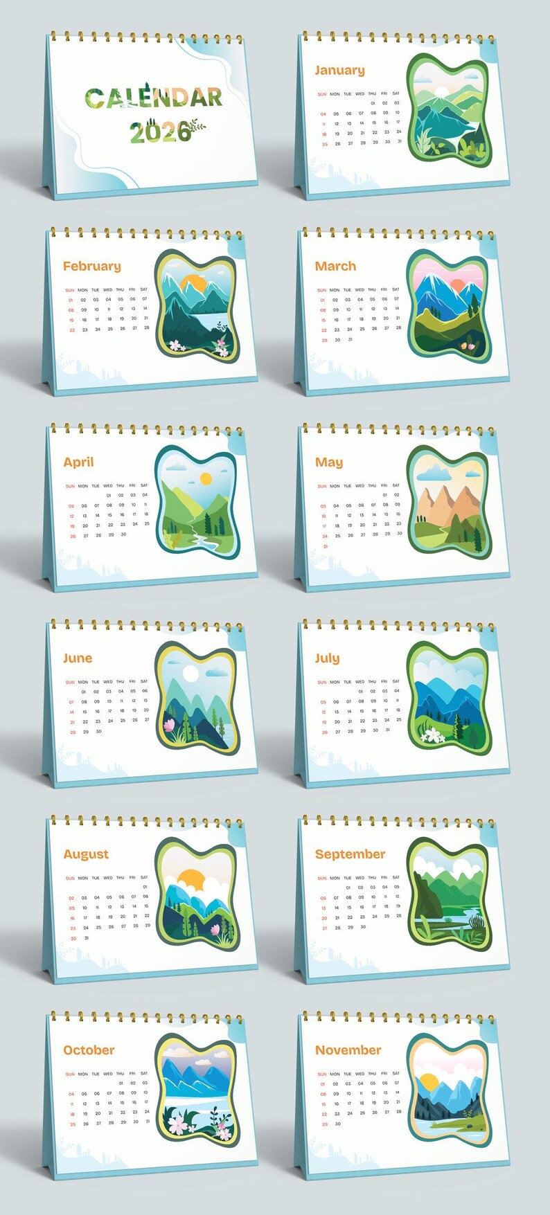 2026 Calendar - Printable 2026 Calendar - Nature Seasons Illustration ...