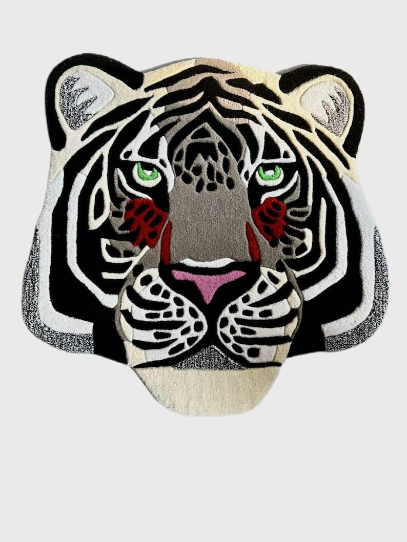 Tiger Face Rug, Tufted Animal Rug, Handmade Punch Needle Carpet, Black ...
