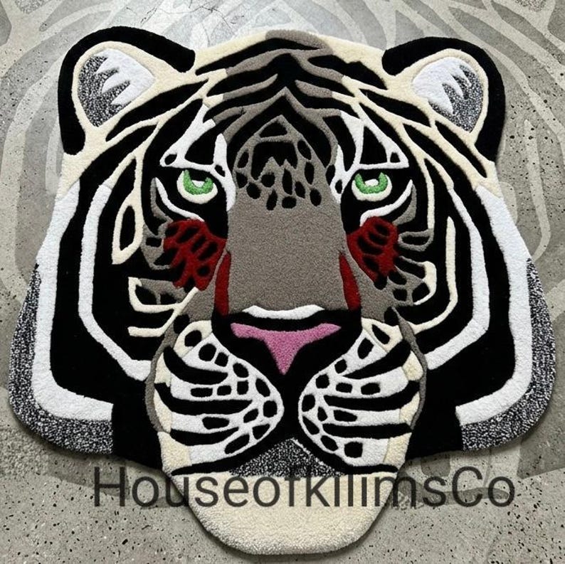 Tiger Face Rug, Tufted Animal Rug, Handmade Punch Needle Carpet, Black ...