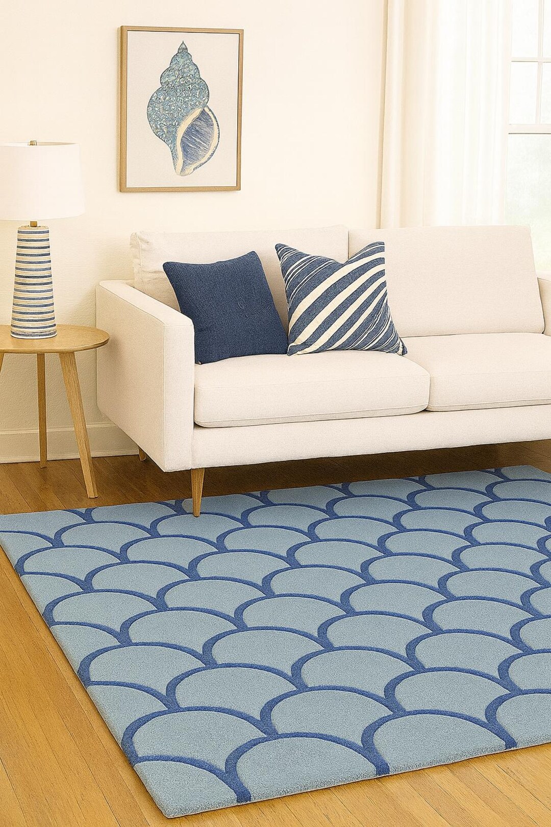 Hand-tufted Blue Scallop Pattern Rug Modern Coastal Art Deco Inspired ...
